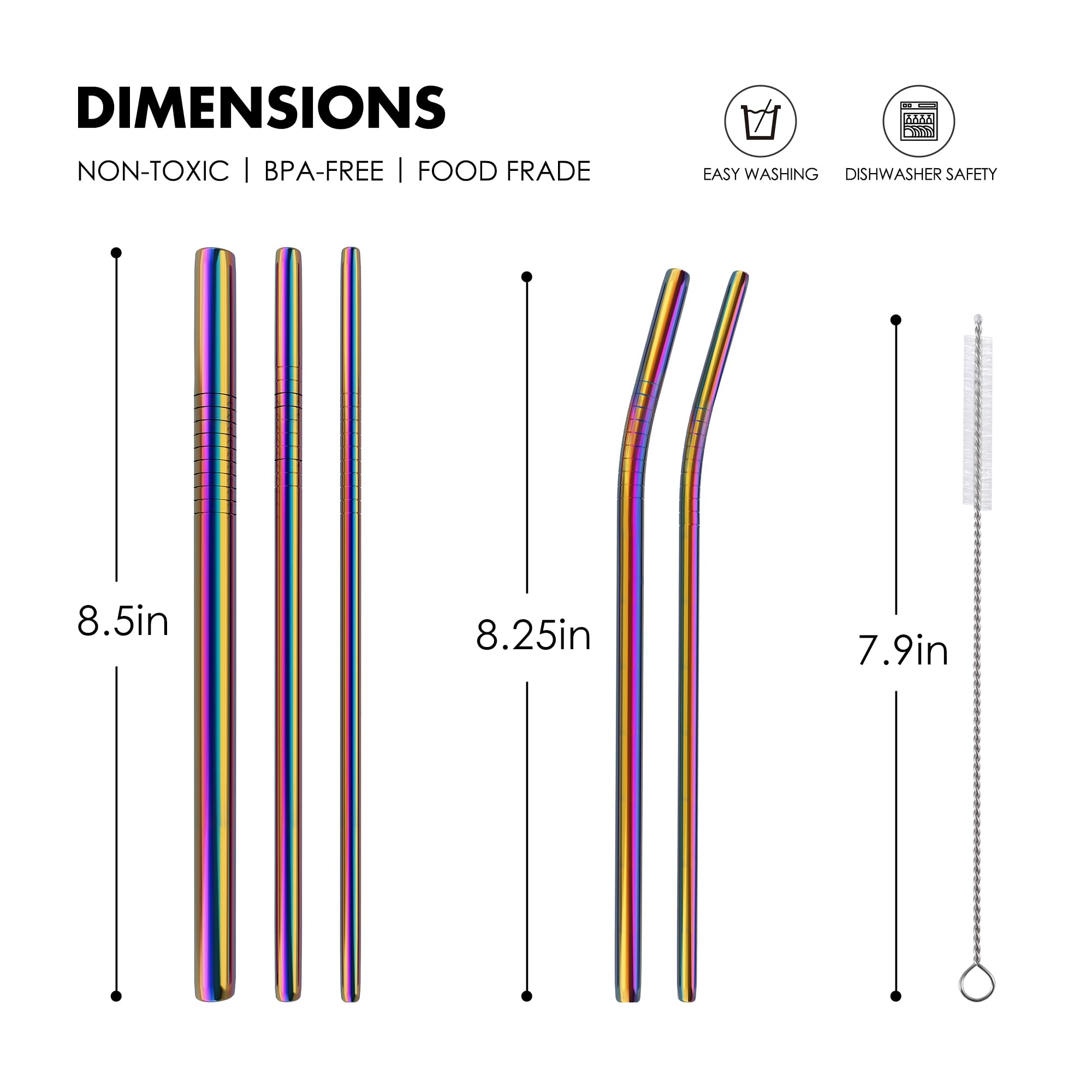 Vzaahu 12-Pack Reusable Stainless Steel Rainbow Metal Straws with Case and Brush - Eco Friendly Long Drinking Straws for 20 24 30oz Yeti Tumblers Mason Jar Dishwasher Safe