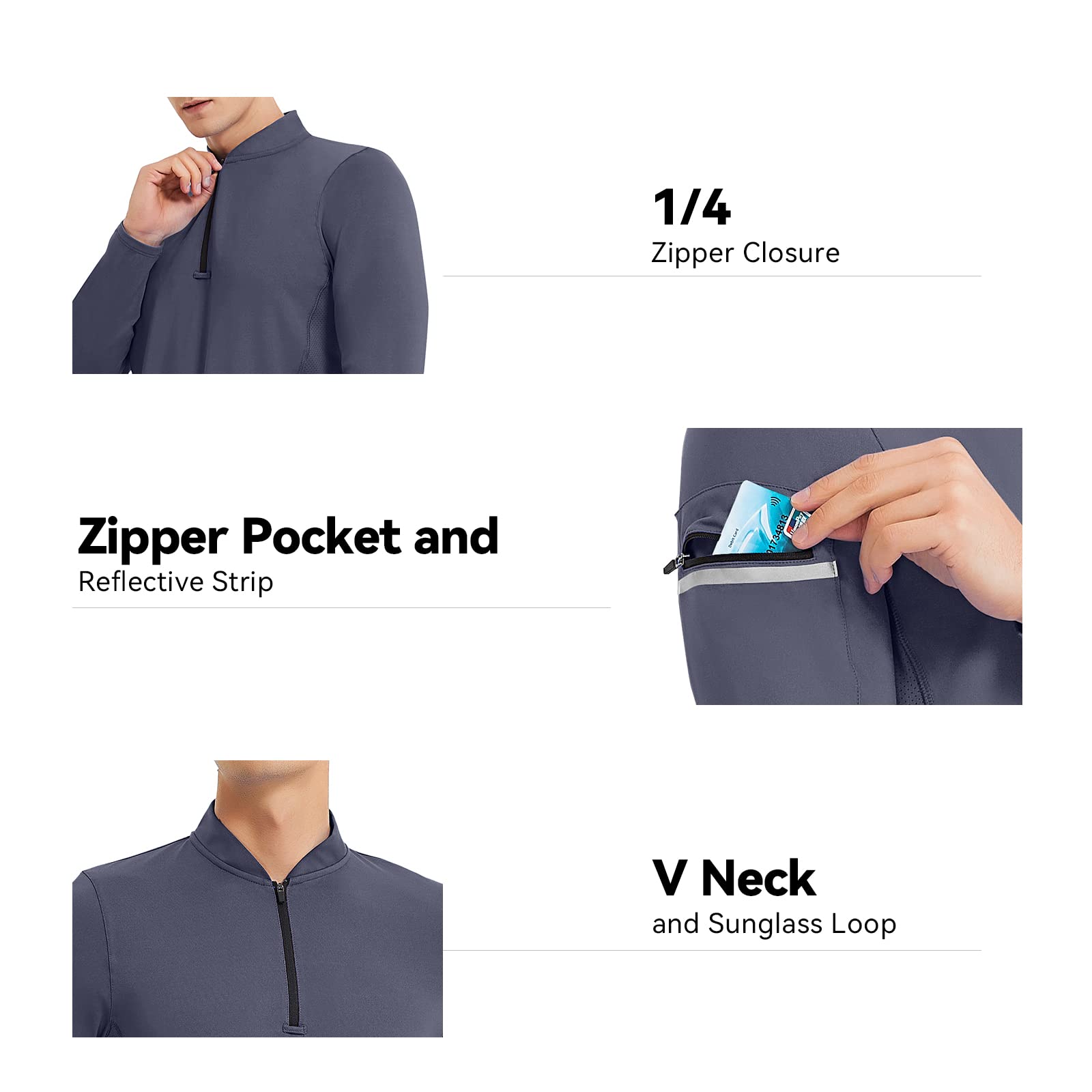 Truity Men’s Quarter Zip Long Sleeve Workout Running Shirts V Neck Golf Pullover Stretchy Fall Gym Shirt with Pockets Grey