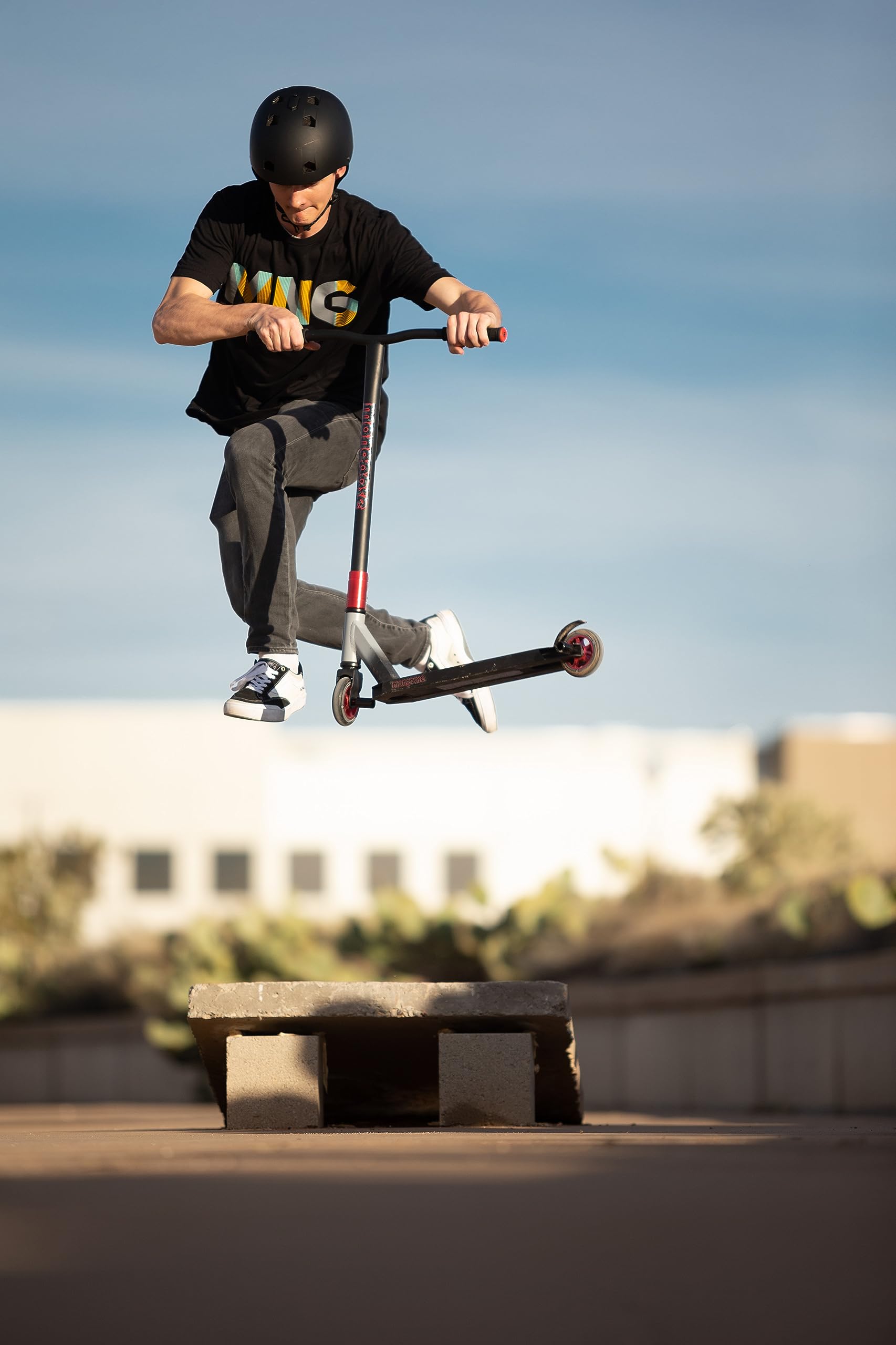 Mongoose Rise 100 Pro Freestyle Stunt/Trick Scooter, Lightweight Alloy Deck & Heavy-Duty Frame Up to 220 lbs., T-Bar Handlebar w/ Bike-Style Grip, High Impact 100mm Wheels, Black/Red
