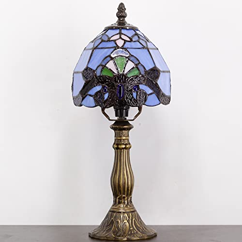 RHLAMPS Small Tiffany Lamp Mini Accent Table Lamp Blue Stained Glass Baroque Style Desk Memory Lamp Sympathy 6X14.6 Inch