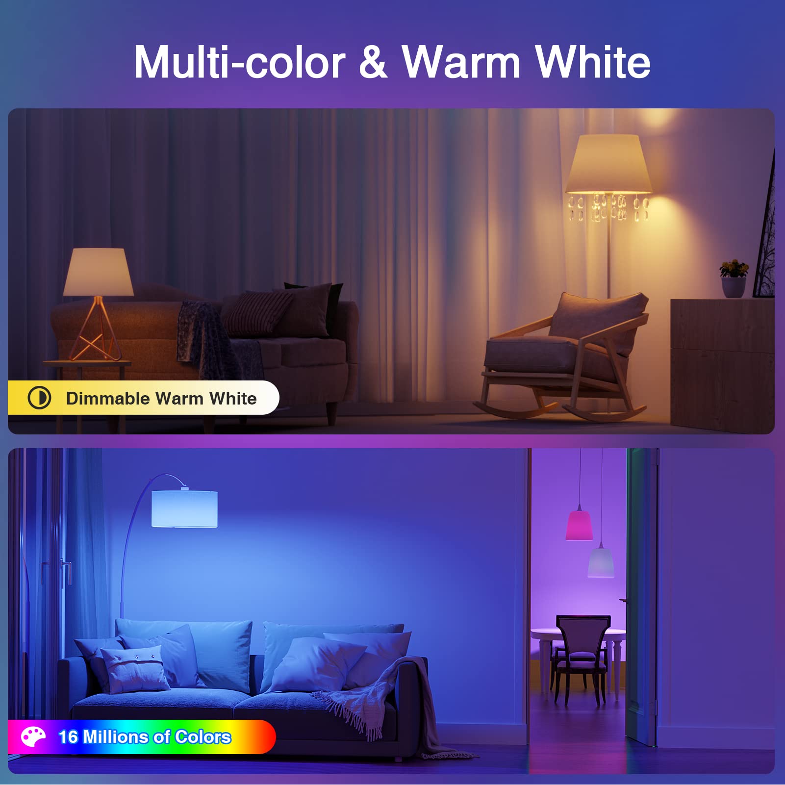 Smart Light Bulbs, Color Changing Smart Bulbs Compatible with Alexa Google Home No Hub Required, Wifi Light Bulbs A19 E26 75W Equivalent, Dimmable Multi-Color Led Light Bulb, 4 Pack