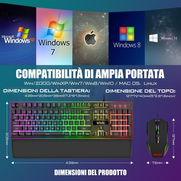 RedThunder K10 Wired Gaming Keyboard and Mouse and Wrist Rest Combo, RGB Backlit, Mechanical Feel Anti-ghosting Keyboard + 7D 7200 DPI Mice+Soft Leather Wrist Rest 3 in 1 PC Gamer Accessories(Black)