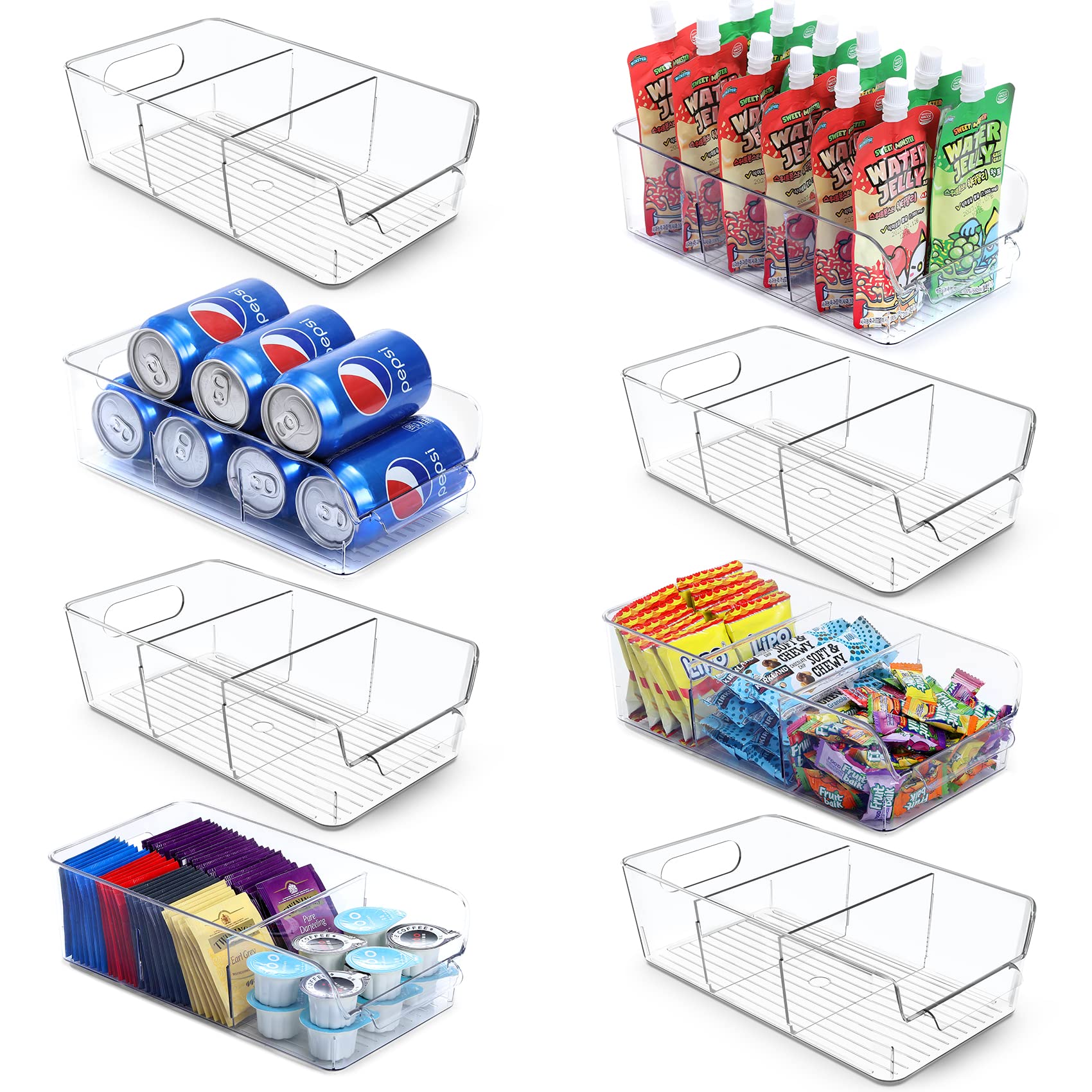 Set of 4, 9 Inch Clear Non-Skid Lazy Susan Organizers + Set of 8, Stackable Clear Bins with Removable Dividers - Pantry Food Snack Organization and Storage - Multi-Purpose Plastic Home Organizer