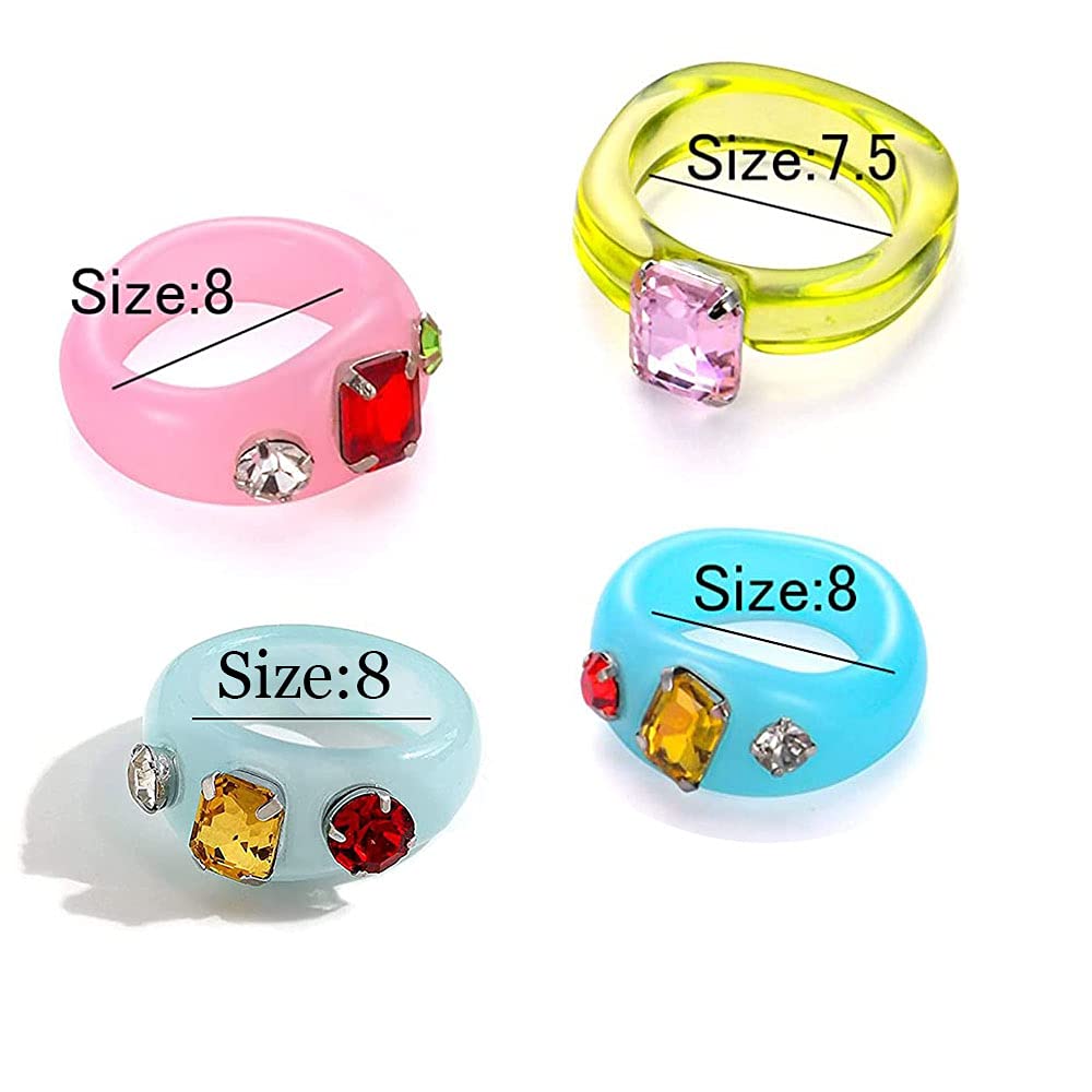 SEVENSTONE 9Pcs Resin Retro Acrylic Colorful Chunky Ring Cute Trendy Colorful Rhinestone Y2k Jewelry Plastic Resin Square Gem Stackable Chunky Rings for Women Set (multicolor-2)