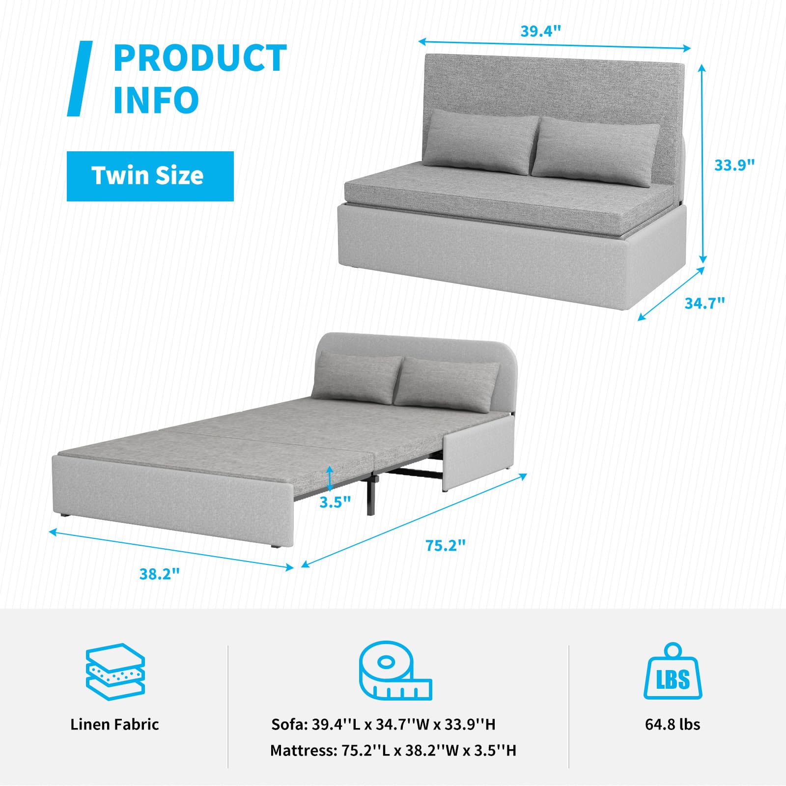 Mjkone Twin Size Pull out Sofa bed, 2-in-1 Modern Pull out Linen Sleeper Sofa Couch, Revesible couch bed with Cushions&Throw Pillows for Small place/Apartment/Living Room/Office/Studio(Light Gray)