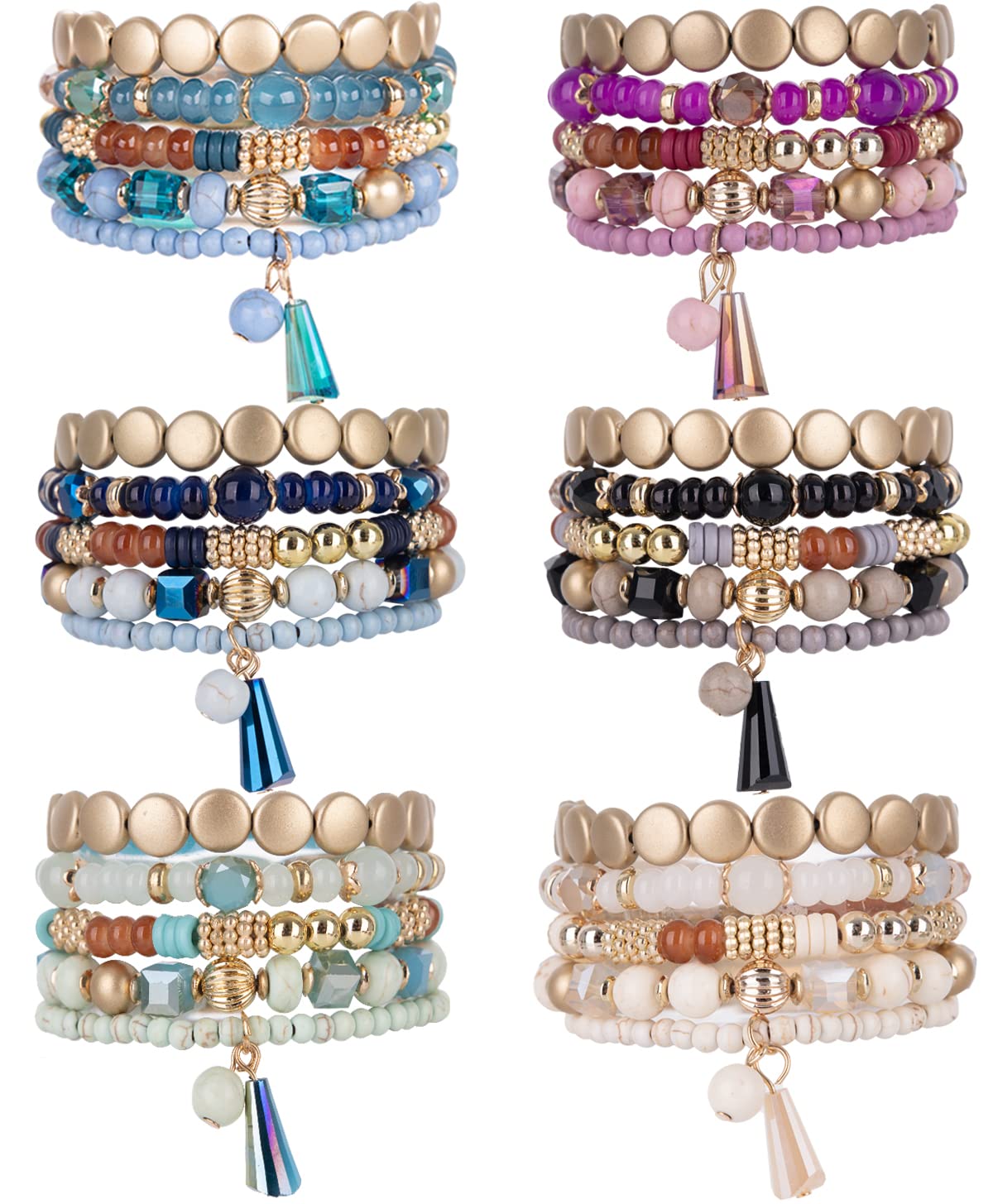 Svovin 6Sets Bohemian Mix Bead Multi Layer Versatile Statement Bracelets Stackable Beaded Strand Stretch Bangles Sparkly Crystal Tassel Charm Jewelry Gifts