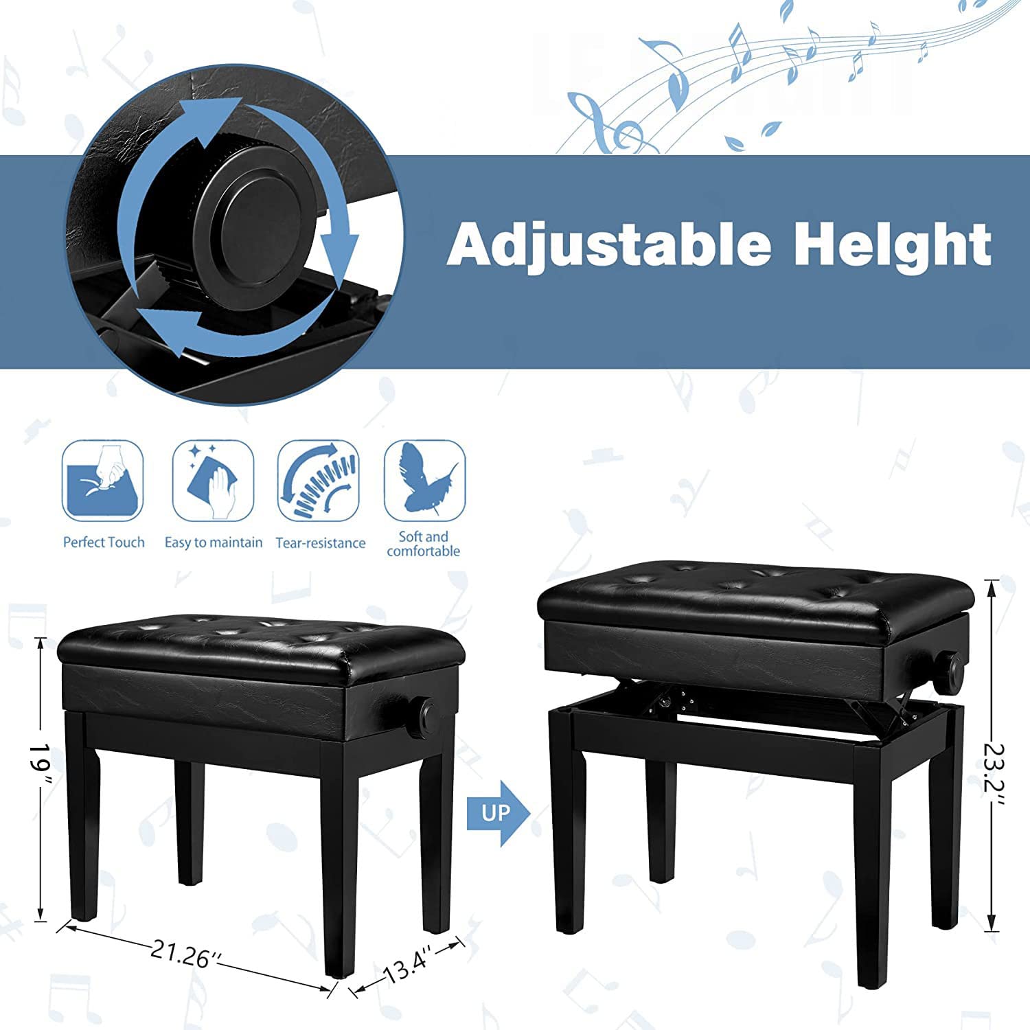 RYNSTO Piano Bench Adjustable with PE Leather High-Density Sponges Pad, Storage Compartment for Music Sheet,Solid Hard Wood Construction,Piano Stool,21.26×13.4×16.7,Weight Capacity 552lbs,Black