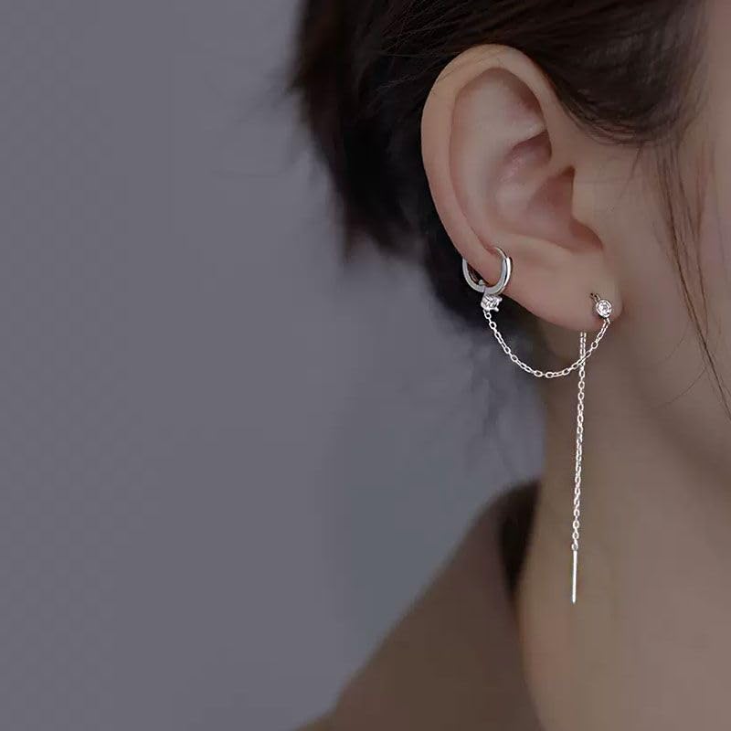 SLUYNZ 925 Sterling Silver Helix Piercing Earrings Crawler Wrap Chain for Women Ear Cuff Top Ear Hoop Earrings Multi Piercing Earrings Long Chain (B-Gold Plated)