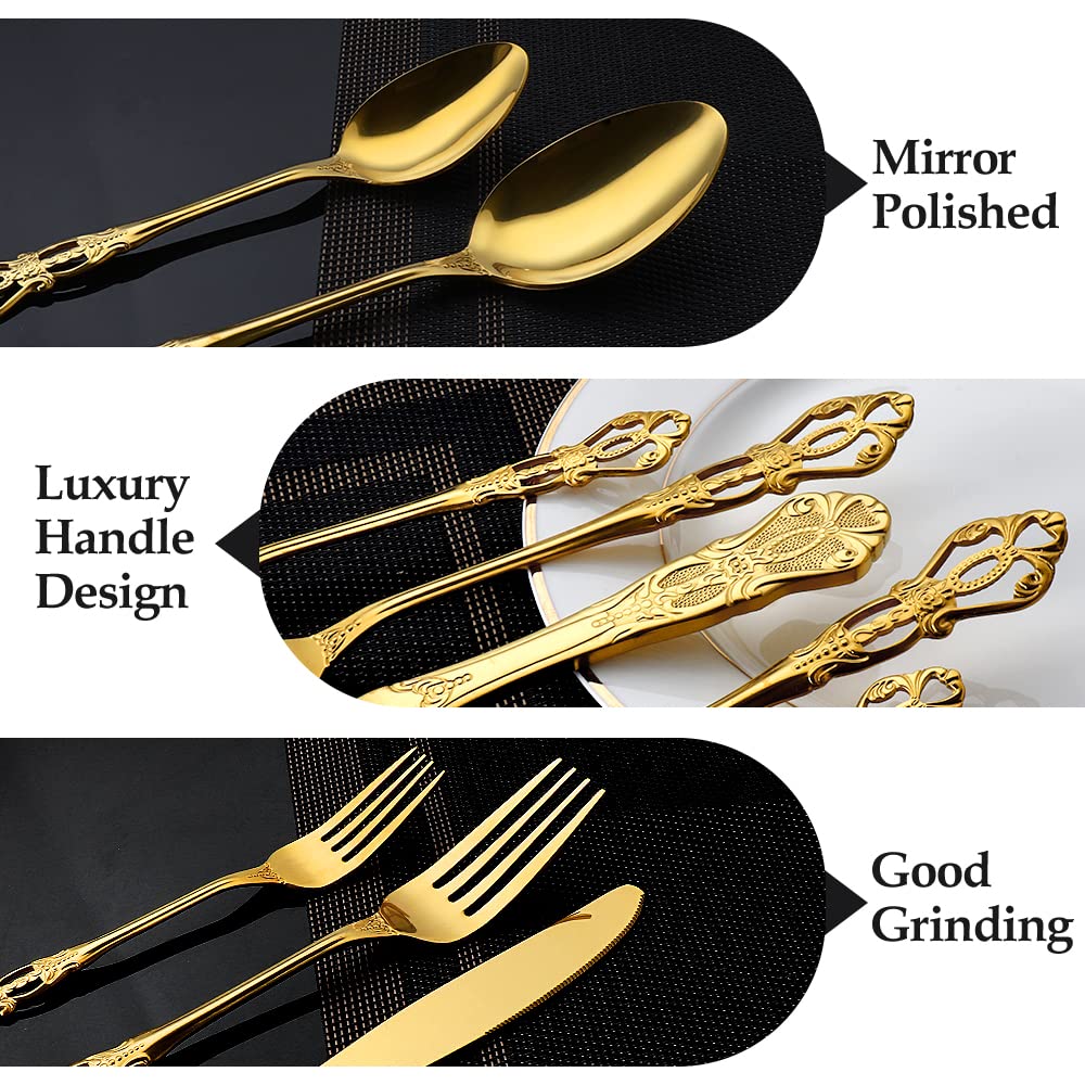 Retro Royal 20 Pieces Stainless Steel Silverware Set,Anti-rust Flatware Cutlery Set for 4,Luxury Kitchen Utensil Tableware Set Include Fork Spoon Knife,Mirror Polished Dishwasher Safe,Gold