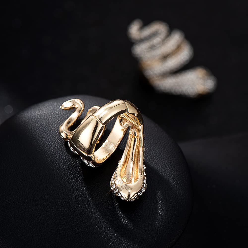 Snake Design Full Rhinestone Gold Plated Free Size Stretch Rings for Women Personalized Ring (Gold Plated)
