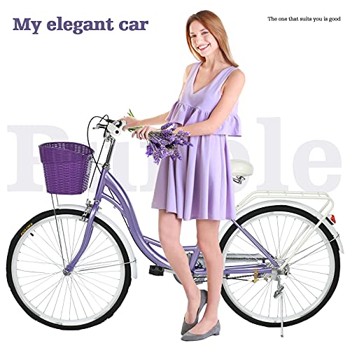 visdron Bicycle Front 26-Inch Womens Comfort Bikes Beach Cruiser Bike Single Speed Bicycle Comfortable Bicycle 4 Wheel Bikes Adults Used (Purple, One Size)