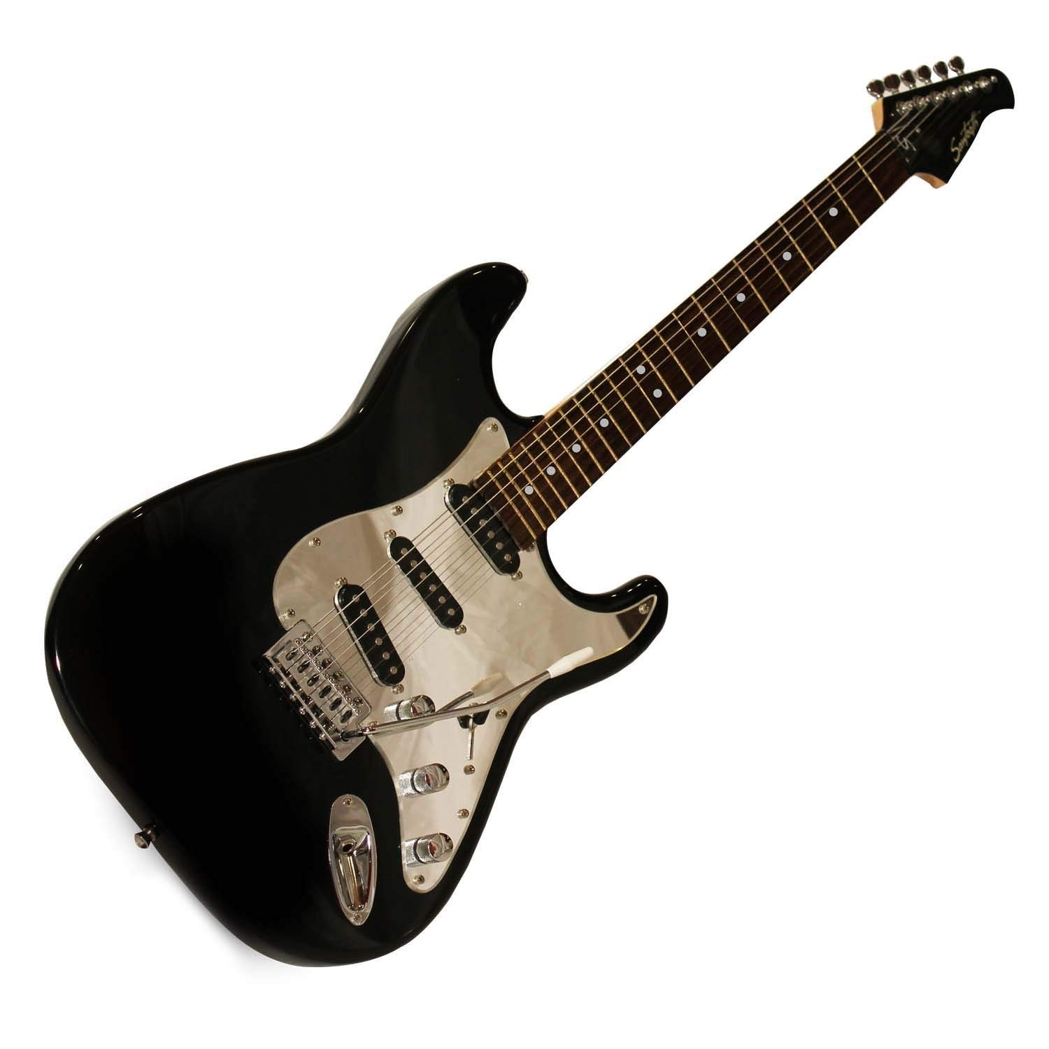Sawtooth 6 String Electric Guitar Pack, Black with Chrome Pickguard, Right Handed (ST-ES-BKC-TRAVEL)