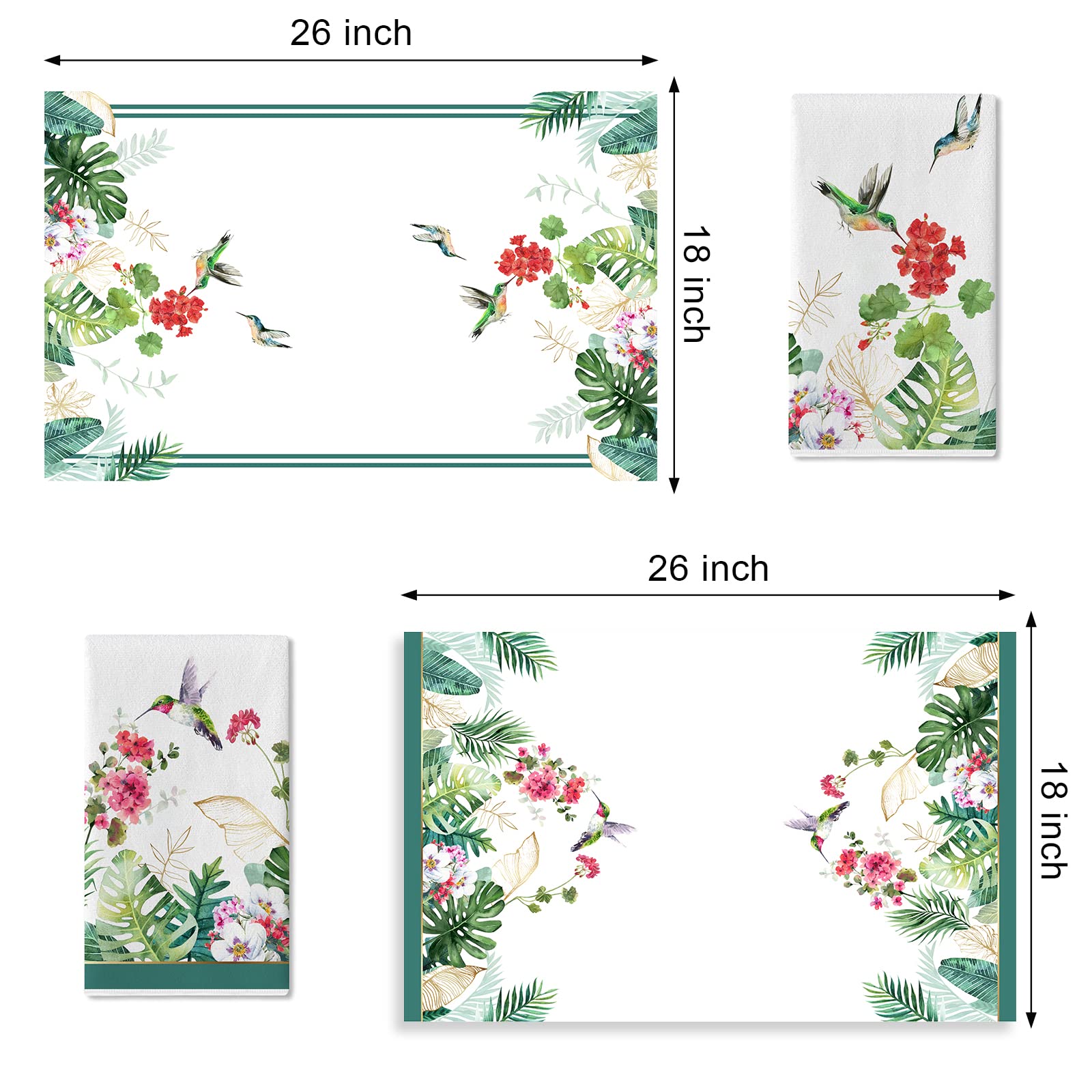 Seliem Summer Hummingbird Geranium Flower Bird Kitchen Dish Towel 2 Pack, Tropical Palm Leaf Monstera Plant Floral Hand Drying Baking Cloth, Spring Botanical Greenery Green Decor Home Decoration 18x26