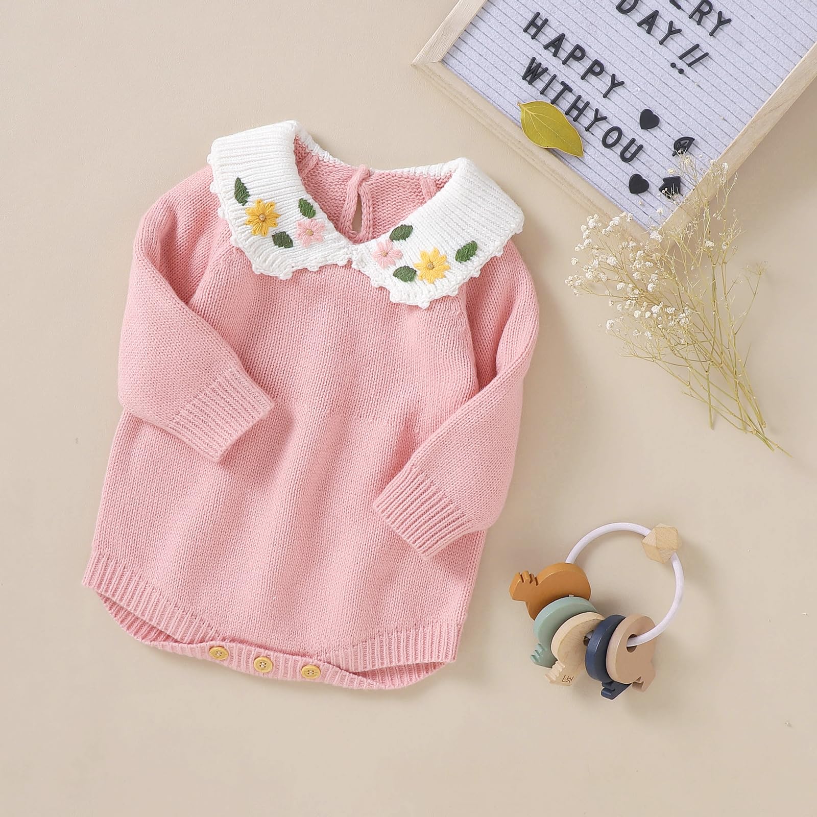 XIXIXIU Baby Cute Sweater Flower Embroidery Warm Knitted Bodysuit For Spring Photography Comfy Romper Clothes Pink 1-3 Months
