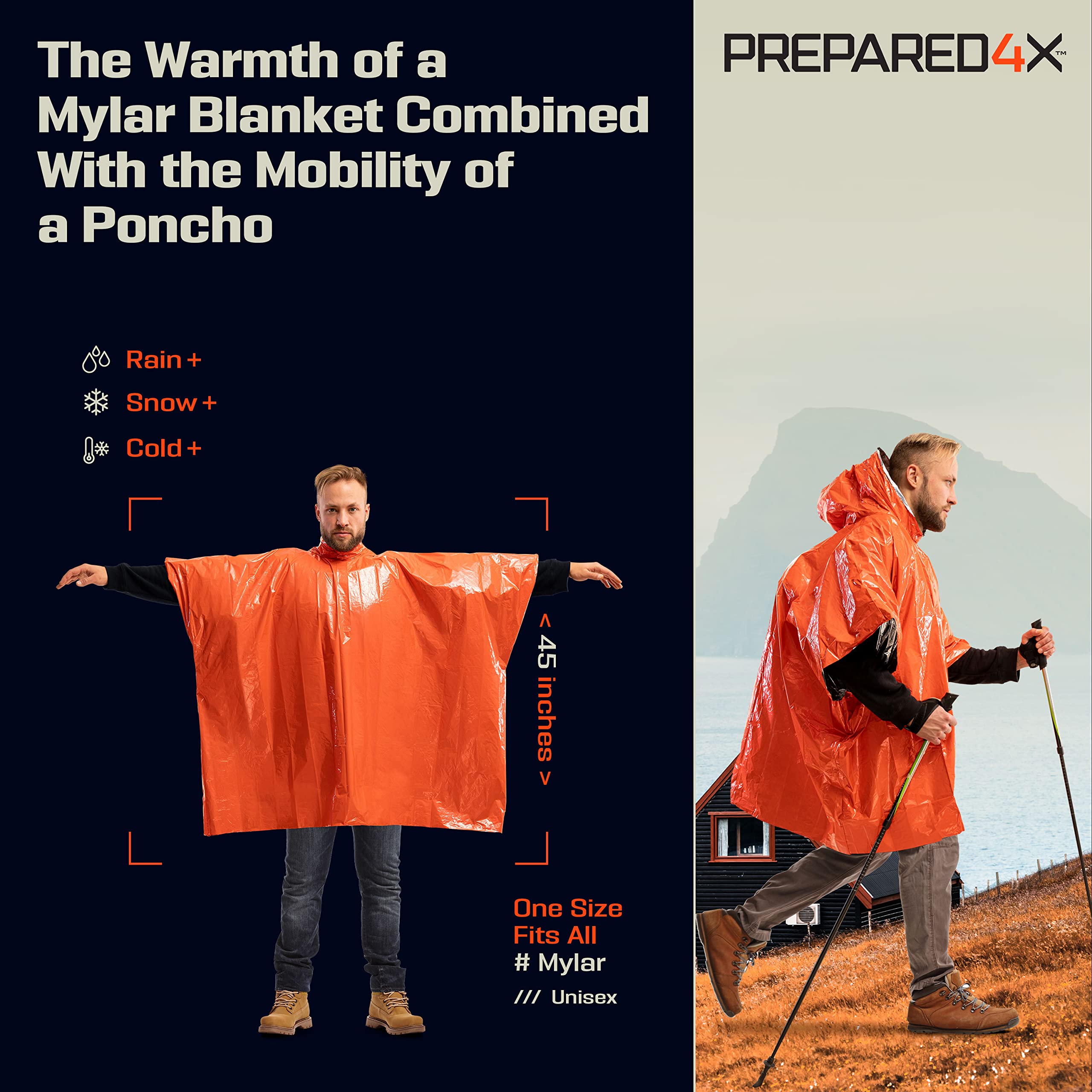 PREPARED4X Emergency Rain Poncho with Mylar Survival Blanket Liner for Car - Heavy Duty, Waterproof Camping Gear, Tactical Prepper Suppliesā 4 Pack (Orange)