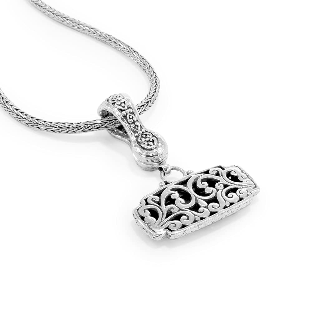 SARDA .925 Sterling Silver 1-5/8" x 1-1/8" "She Has Fire in Her Soul Grace in Her Heart" Filigree Rectangle Enhancer Pendant - Handmade by Bali Artisans