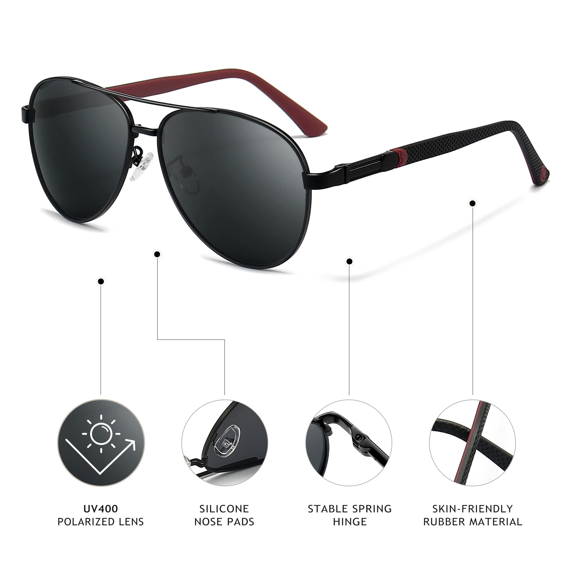 SUNGAIT Fashion Polarized Aviator Sunglasses for Men Women Classic UV Protection Pilot Shades w/Spring Hinge (Black Frame/Grey Lens, 59)