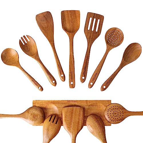 Natural Wood Kitchen Utensil Set - Spoons, Spatulas, Ladles, Strainer Spoon, Salad Fork, Mixing Spoon - with Spoon Rest (A07)