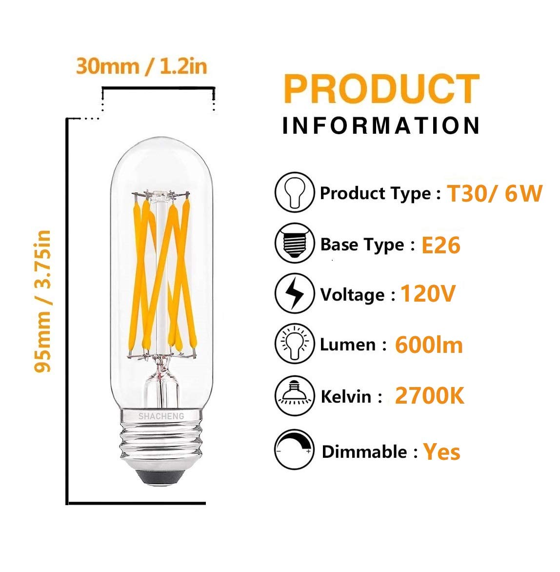SHACHENG T10 LED Bulbs Warm White 2700K,6W Dimmable LED Tubular Edison Bulbs 60 Watt Equivalent,AC120V E26 Medium Base Lamp Bulb for Desk Lamp,Pendant Lights,Pack of 6