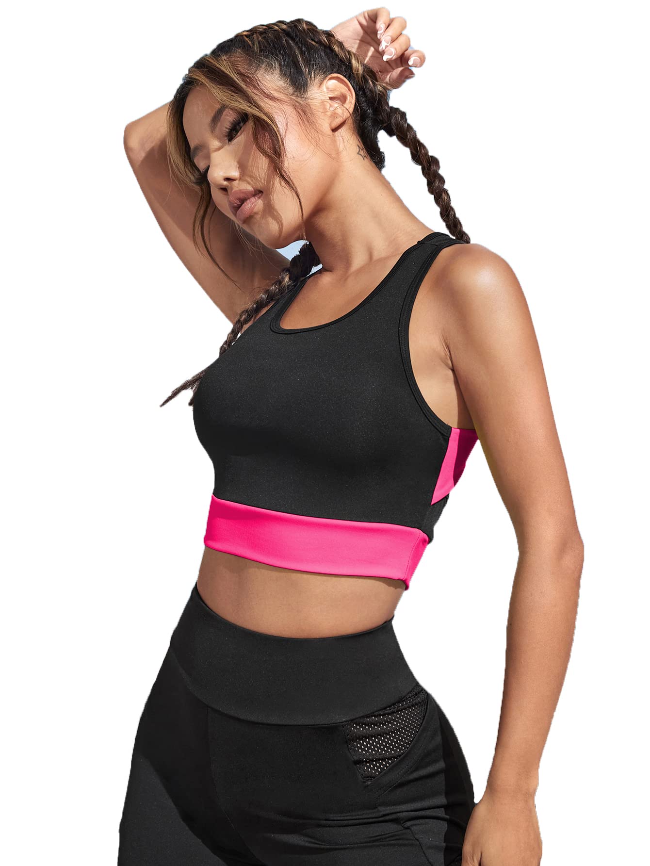 Verdusa Women's Color Block Cut Out Back High Support Workout Yoga Sport Bra Black Hot Pink S