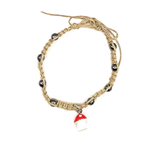 Mushroom Charm Anklet with Hematite Beads Tie On Adjustable Hemp Cord Handmade In USA Beach Hemp Jewelry