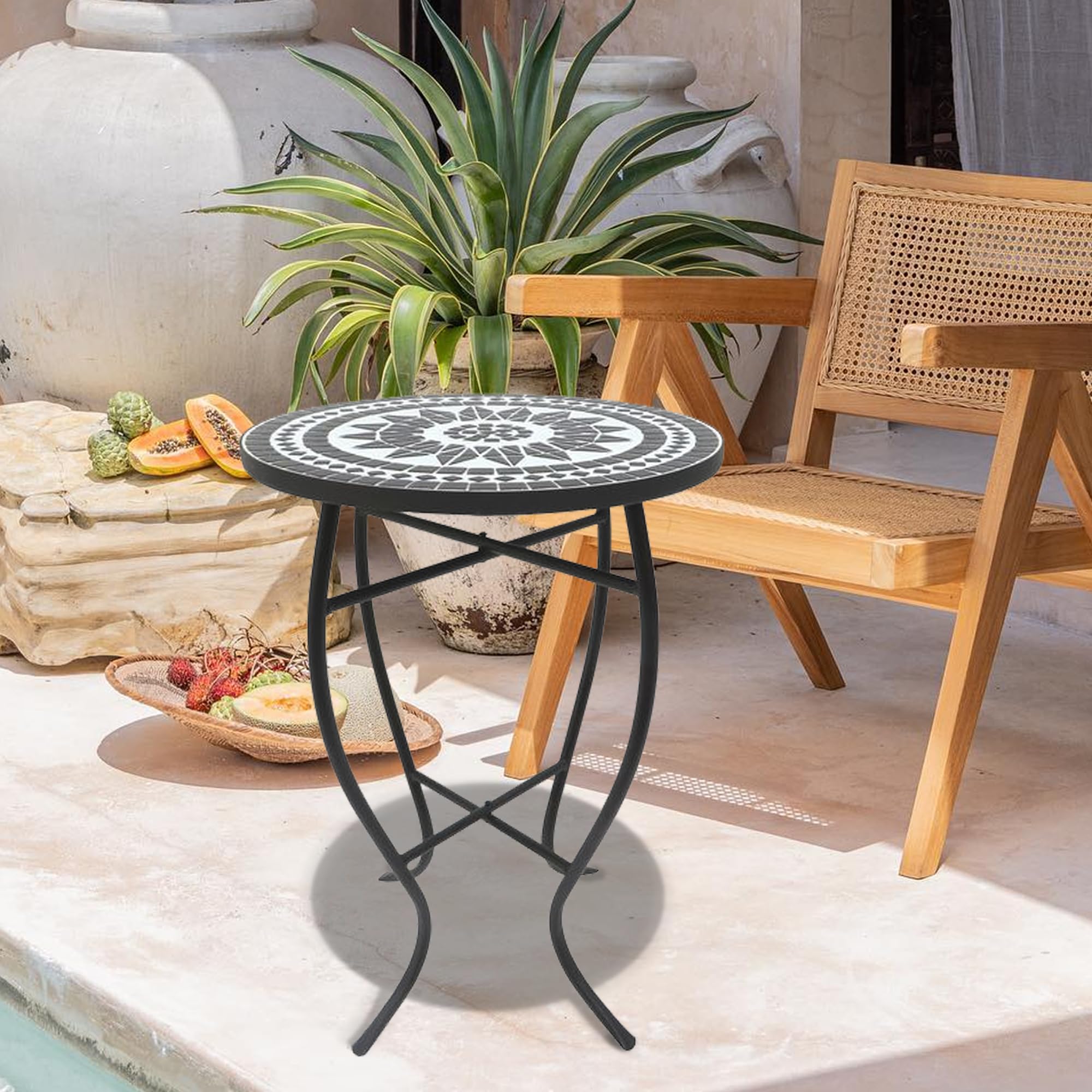 MOOOTTO Outdoor Side Table Mosaic 14 Inch Round Accent Table Plant Stand with Concrete Tile Top Patio End Table, Indoor and Outdoor Accent Table (Dark Blue)