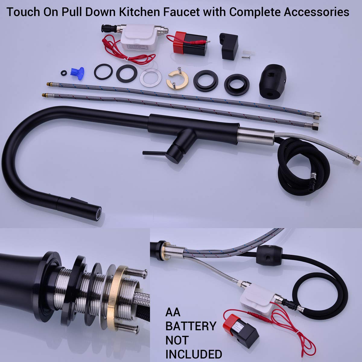 TRUSTMI Touch Kitchen Faucet, Kitchen Sink Faucet, Smart Kitchen Faucet Touch-On Activated, Single Hole Kitchen Faucet with 2 Function Pull Down Sprayer, Lead-Free Water Supply, Matte Black