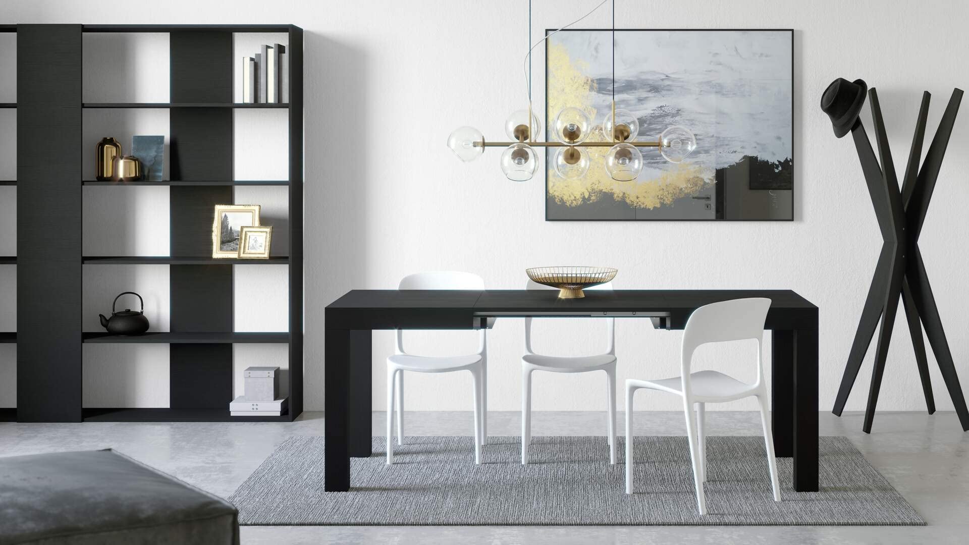 Mobili Fiver, First Extendable Table, 47,2(77,6) x31,5 in, Ashwood Black, for 6-8 people, Expandable Dining Table for Kitchen, Living room, Italian Furniture
