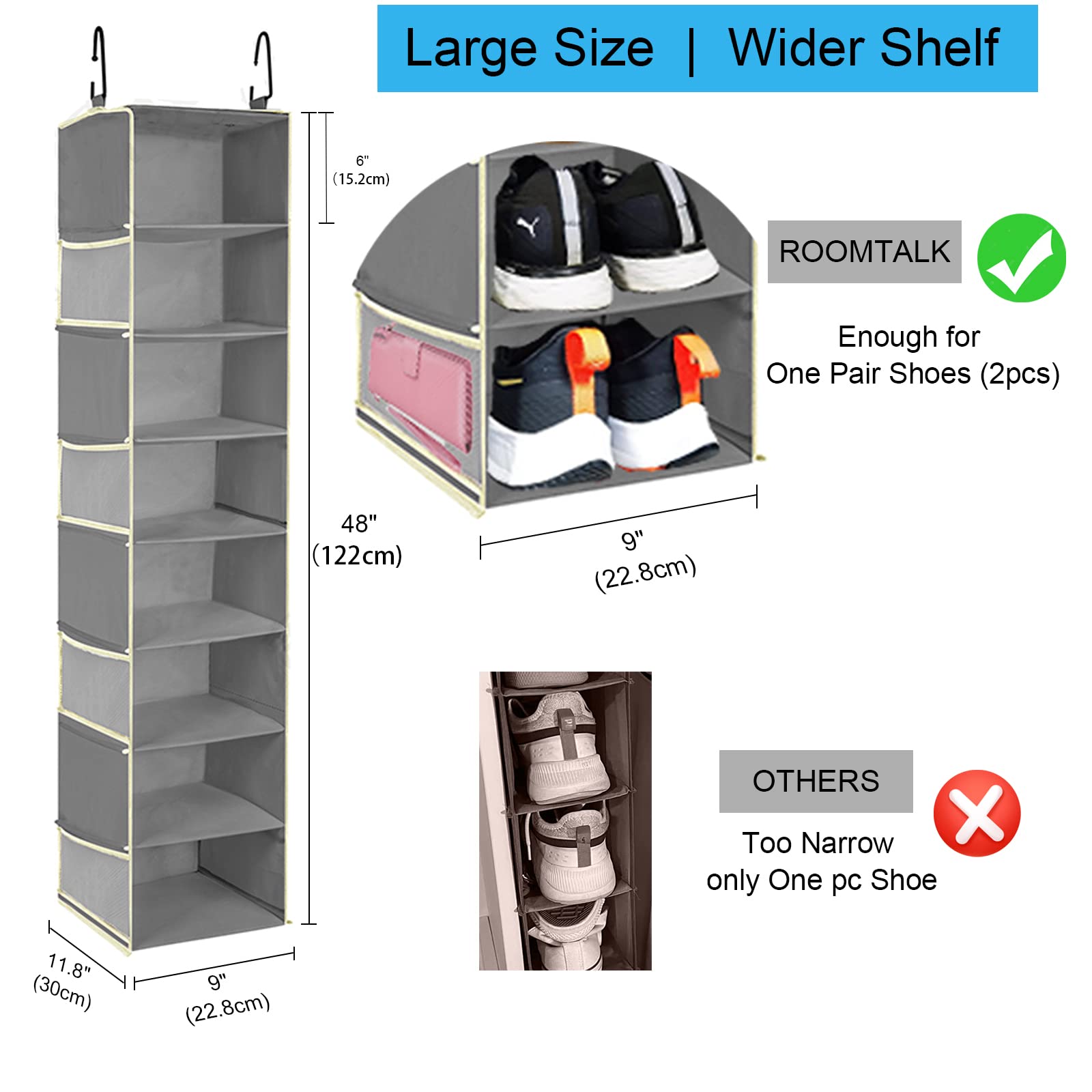 roomtalk Hanging Shoe Organizer 8-Shelves Grey + Under Bed Storage Container Bins 2-Pack Grey