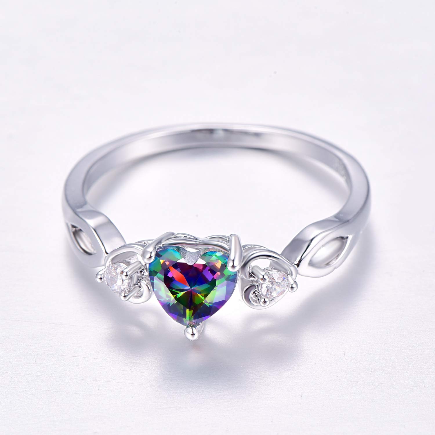 Narica 925 Silver Plated Ring Created Rainbow Topaz Heart Shaped Twist Wedding Engagement Ring for Women Size 9