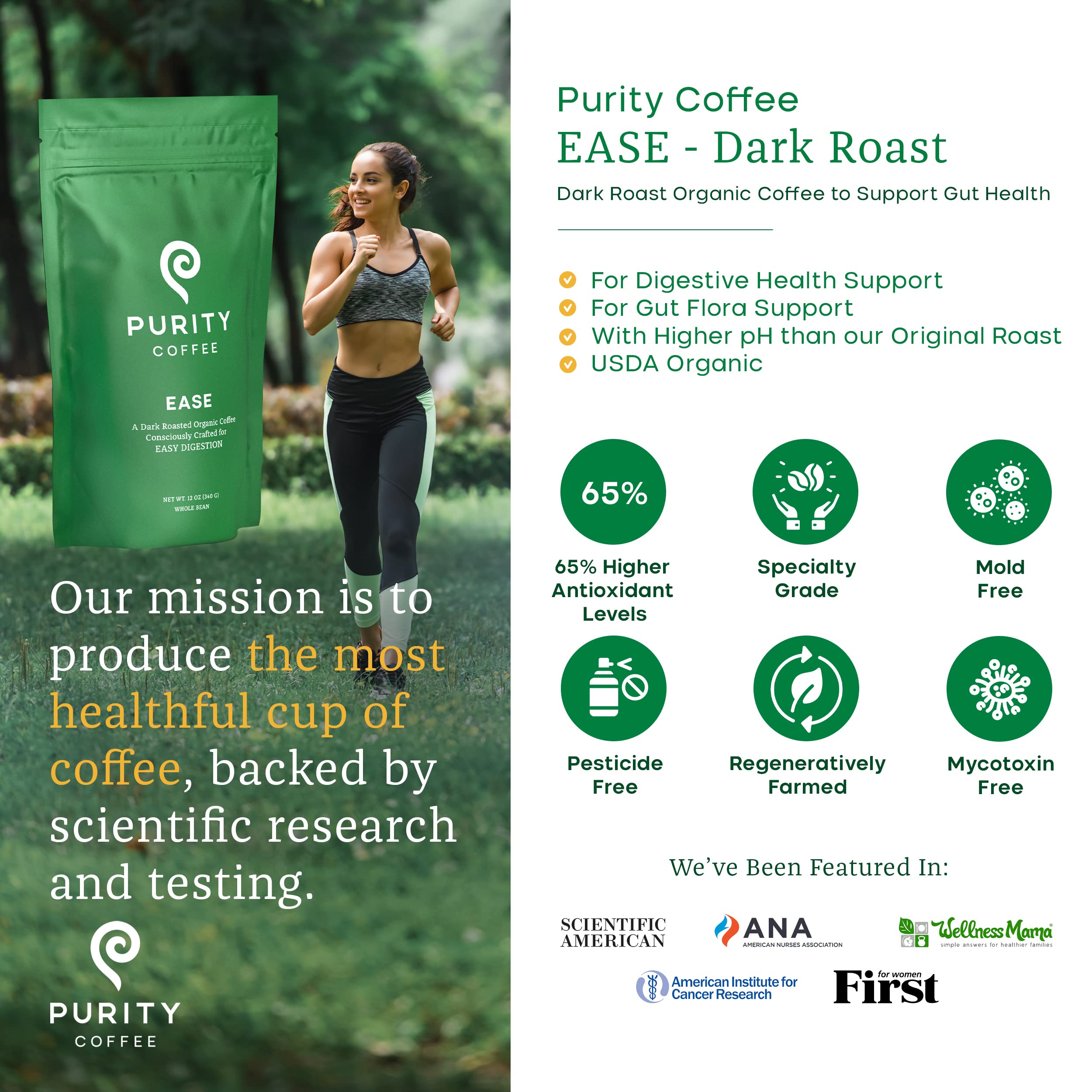 Purity Coffee EASE Dark Roast Low Acid Organic Coffee - USDA Certified Organic Specialty Grade Arabica Whole Bean Coffee - Third Party Tested for Mold, Mycotoxins and Pesticides - 12 oz Bag