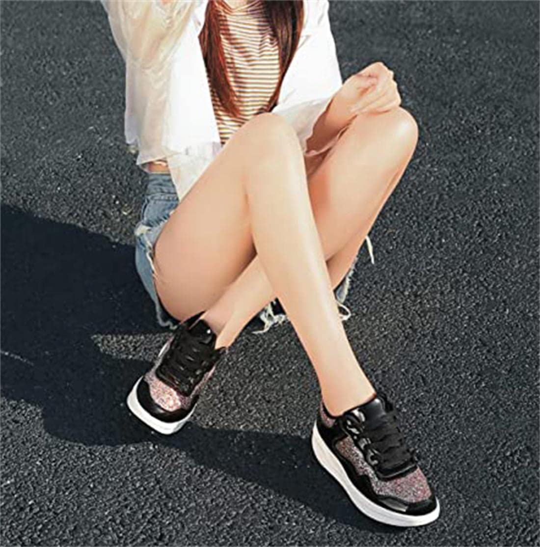 PPXID Women's Platform Sequins Fashion Sneakers Walking Shoes Lightweight Non Slip Running Shoes-Black 7.5 US Size