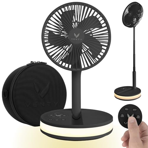 VENTY Original Portable Fan - Wireless Battery Operated Fan With 4 Speeds, LED Lighting, Carry Case & Remote Control - Premium Travel Rechargeable Fan & Power Bank With USB & USB-C Ports (Black)