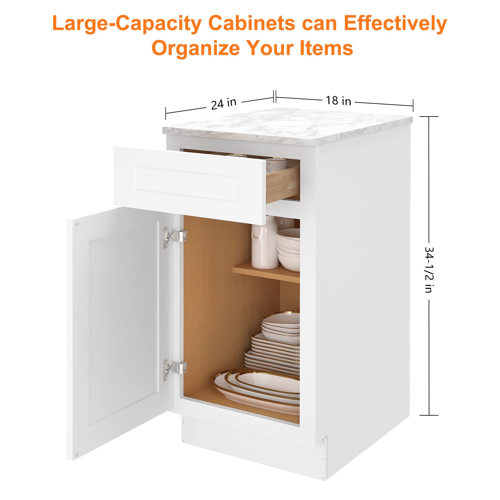 ROOMTEC Kitchen Base Cabinets, Sideboard Storage Cabinet, Entryway Cabinet with Soft Closing Doors 18" W X 24" D X 34-1/2"H