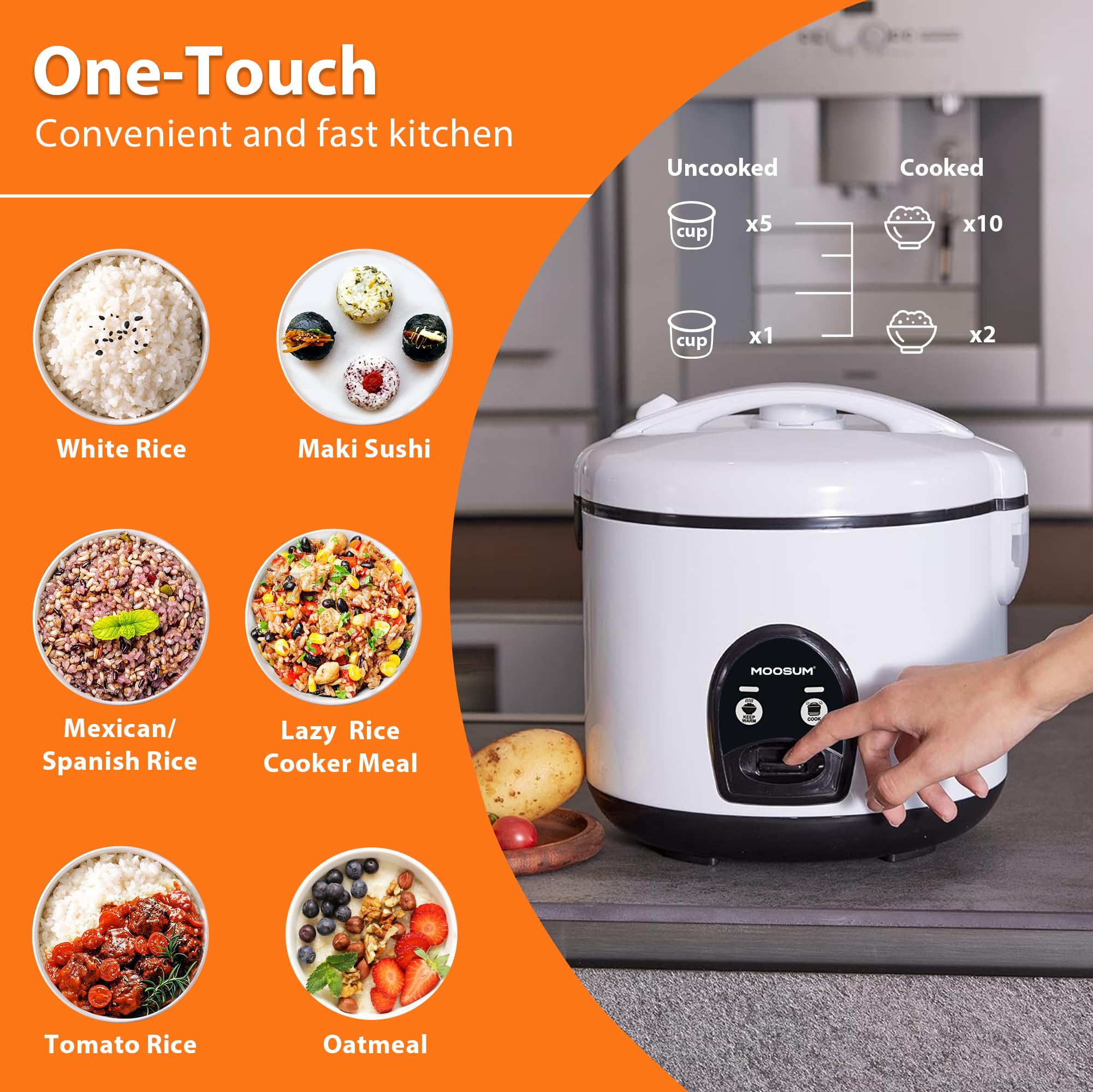 Moosum Rice Cooker Maker 5-Cup(Uncooked) with Steamer, Ceramic coating, BPA Free, Small capacity, White