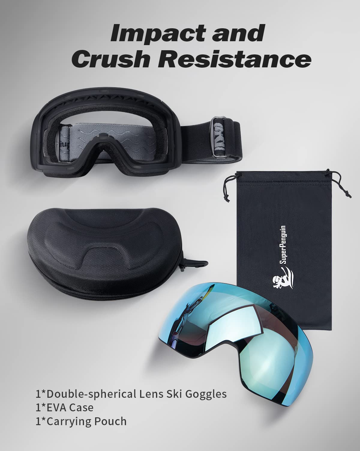 Super Penguin Ski Goggles Magnetic Lens & Replacement Lens, Double Spherical OTG Design Snow Goggles Anti-fog UV Protection