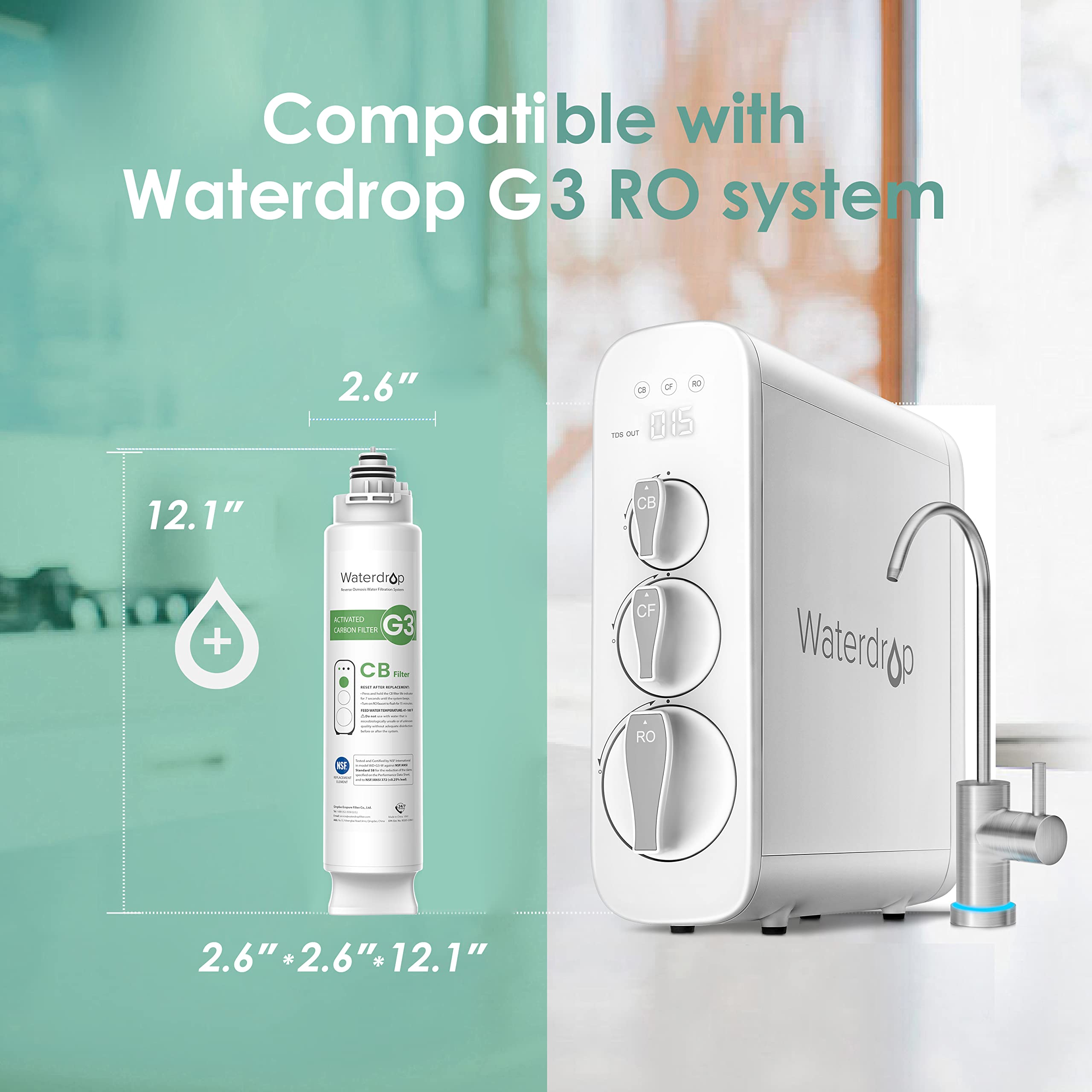 Waterdrop WD-G3-W Replacement Filter, Replacement for WD-G3-W Reverse Osmosis System, CF Filter + CB Filter + RO Filter, New Logo Design