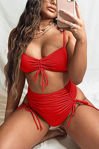 Meyeeka Women Sexy Two Pieces High Waist Tummy Control Swimsuits Padded Push Up Bikini Sets L Red