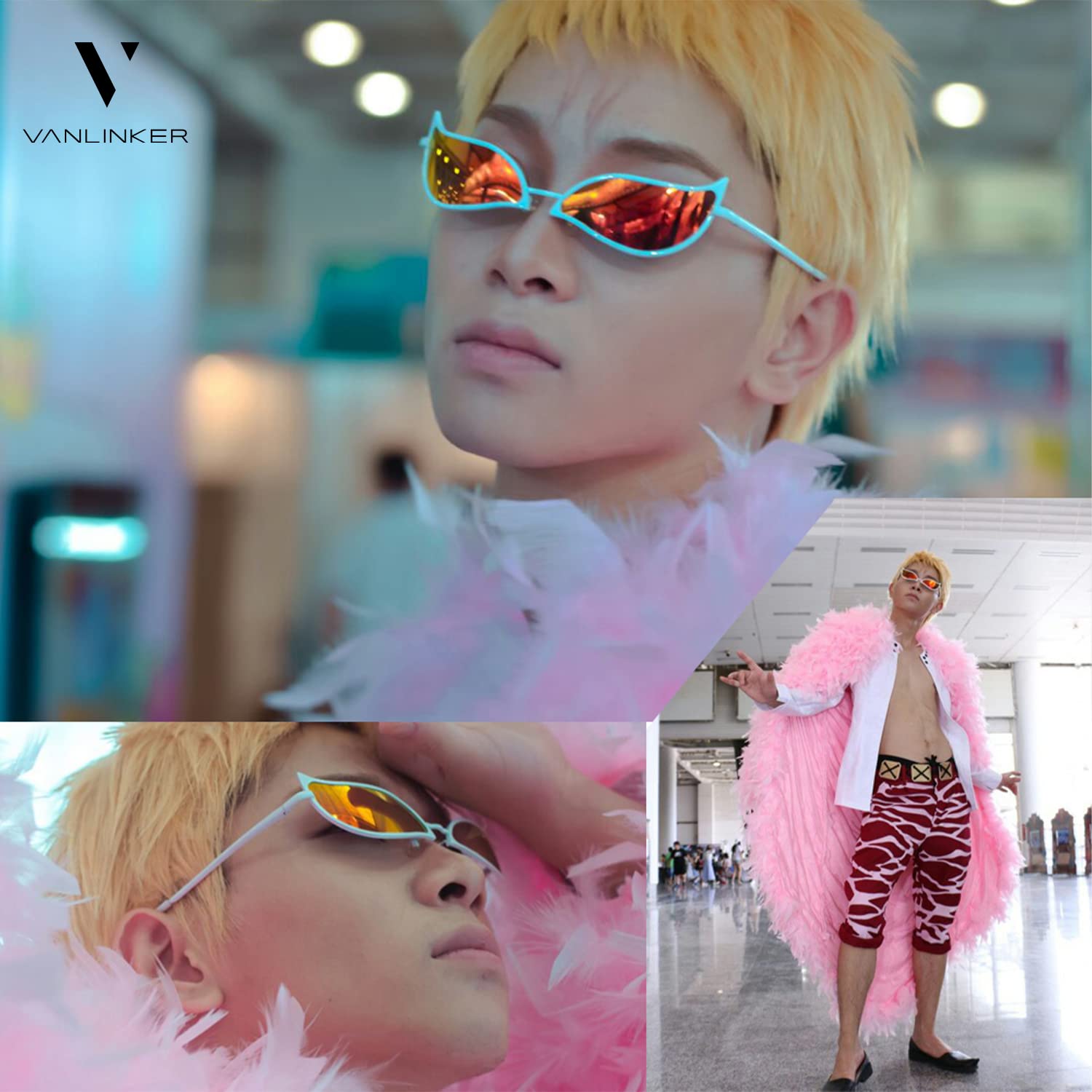 VANLINKER Anime Doflamingo Glasses One Piece Joker Cosplay Sunglasses Accessories UV400 White Metal Frame VL9663