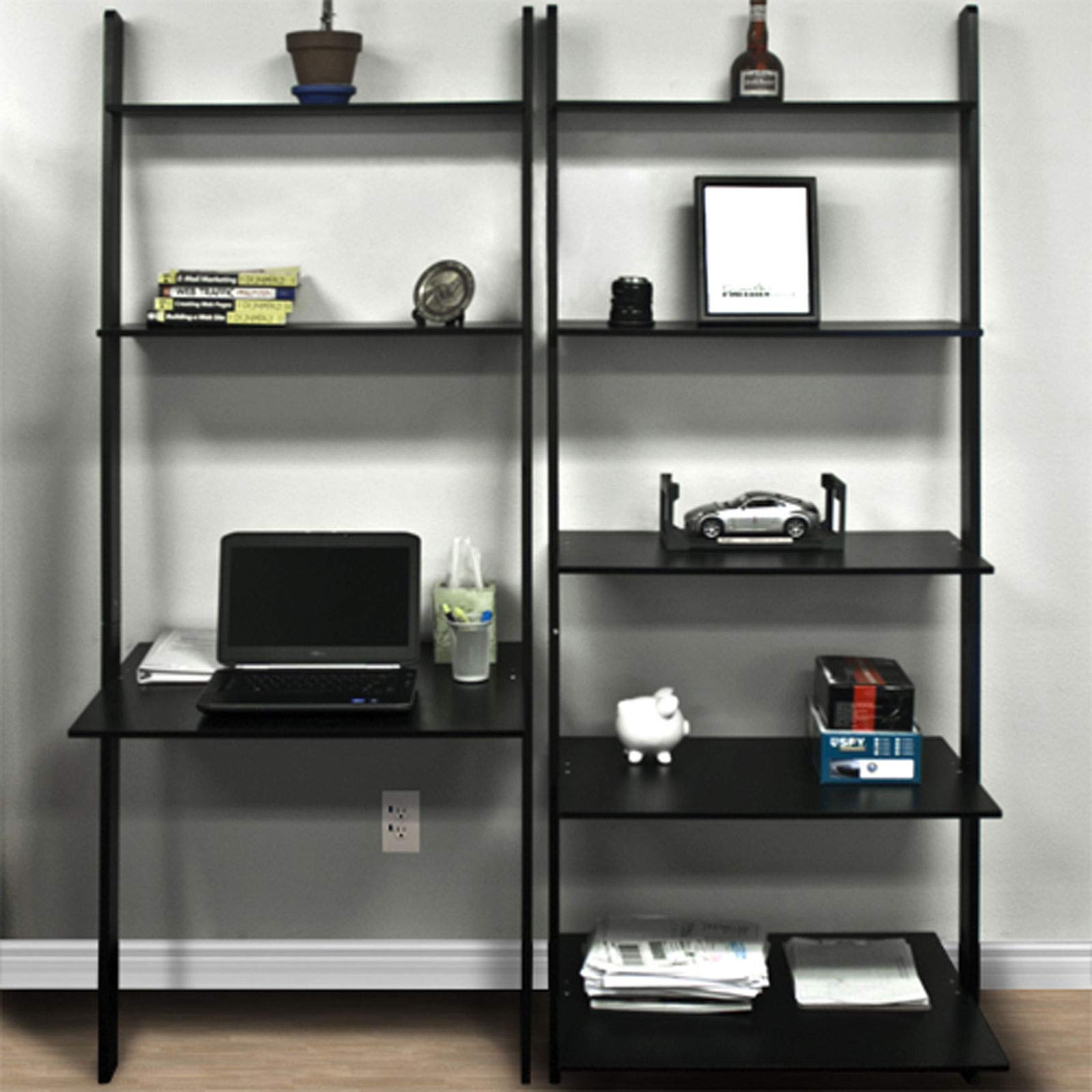 Naphat Shop Black Wood Leaning Shelf Computer Laptop Desk Bookcase Home Office Furniture New