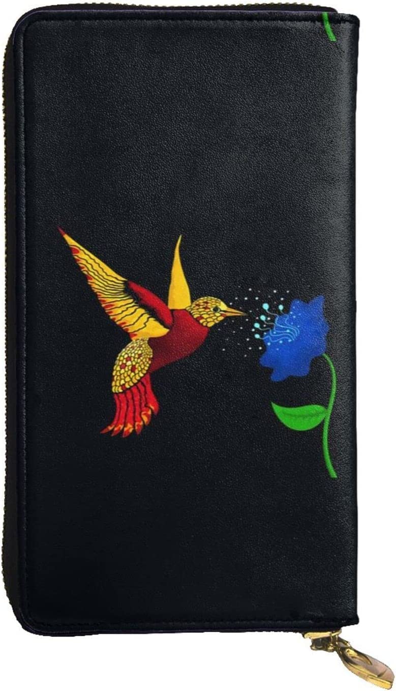 Women Zip Around Long Wallet Hummingbird Black Printed Credit Card Holder Wallet