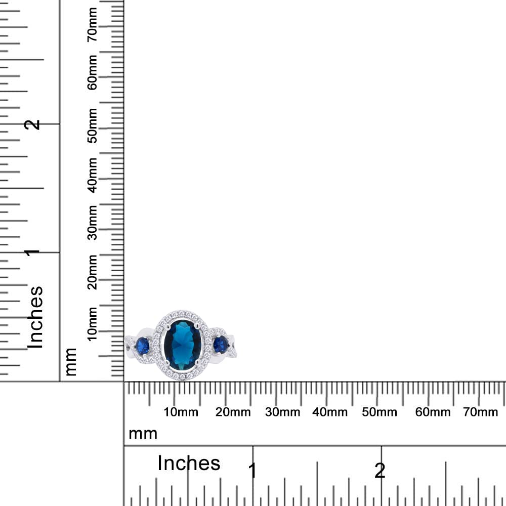 SAVEARTH DIAMONDS Three Stone, Oval Cut 8x6MM Center, Round Cut Simulated Blue Sapphire And White Cubic Zirconia Infinity Oval Halo Engagement Ring In 14k White Gold Over Sterling Silver Size-8