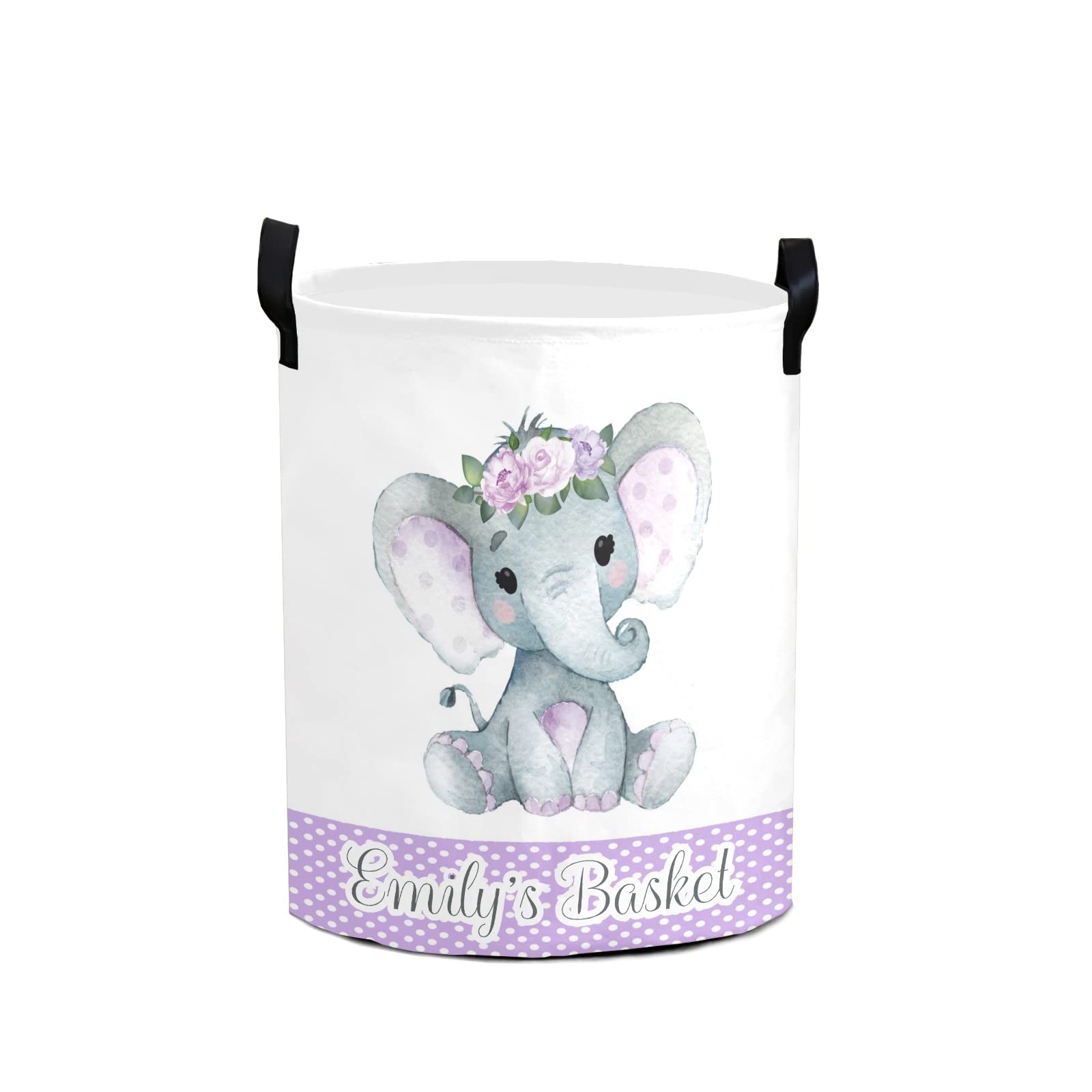 Purple Elephant Personalized Freestanding Laundry Hamper, Custom Waterproof Collapsible Drawstring Basket Storage Bins with Handle for Clothes