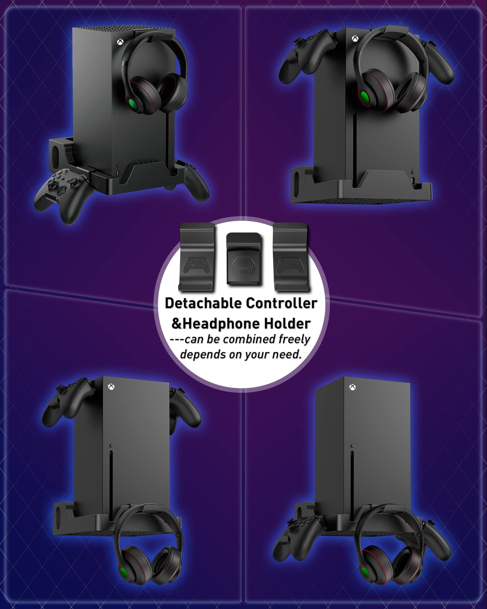 Wall Mount with RGB Cooling Fan for Xbox Series X - includes 4 Controller Holders and 2 Headphone Stands