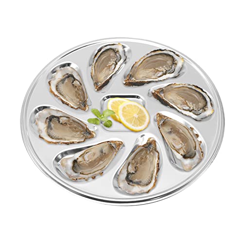 UOIENRT 3 Pack Oyster Plate, Stainless Steel 8 Slots Oyster Grill Pan with Center Slot Multi-Functional Grill Pan for Oysters and Scallop, Sauce and Lemon(Silver)
