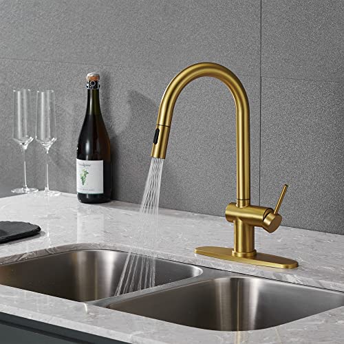 YardMonet Brushed Gold Kitchen Faucet with Pull Down Sprayer, Modern Gold Kitchen Sink Faucet Single Hole with 10" Deck Plate, Single Handle Pull Out Kitchen Faucets for Sink