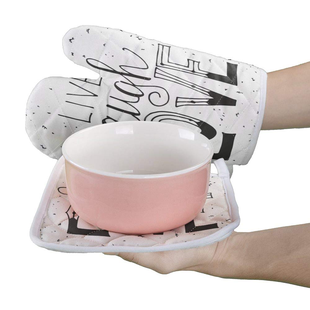 Set of Oven Mitt and Pot Holder Live Laugh Love Quote Oven Gloves Heat Resistance Non-Slip Surface for Kitchen BBQ Cooking Baking Grilling,Black White