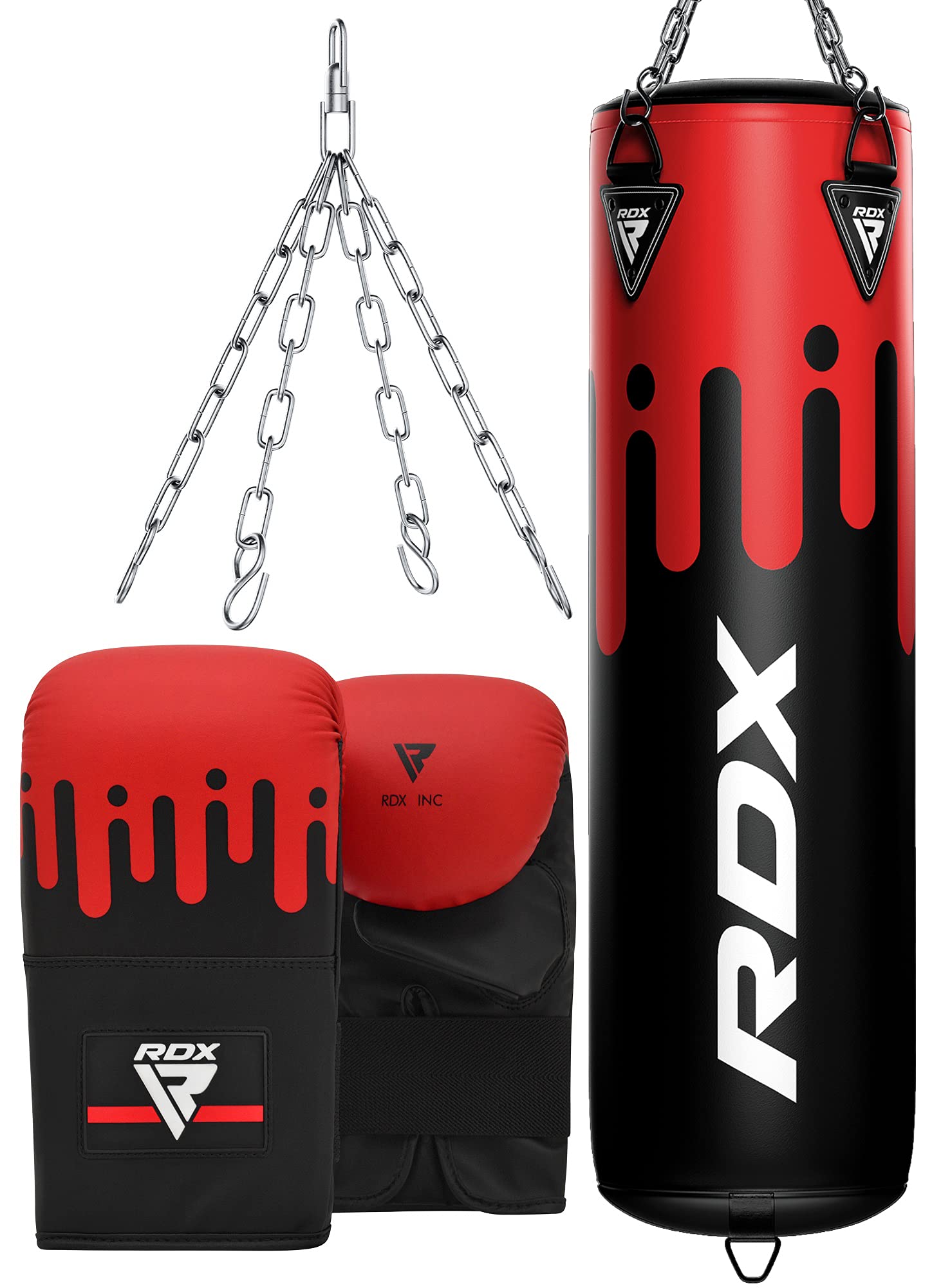 RDX Punching Bag UNFILLED Set Muay Thai Training Gloves with Punch Mitts Hanging Chain, Great for MMA, Kick Boxing, Martial Arts, Available in 4FT 5FT (4ft)