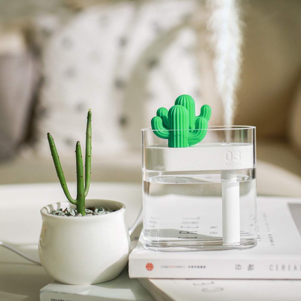 Mini USB Cool Mist Humidifiers, Cactus Humidifier with Night Light for Desk, 160ml Portable Air Diffuser for Bedroom, Office, Babies, Home, Travel, Waterless Auto-off …