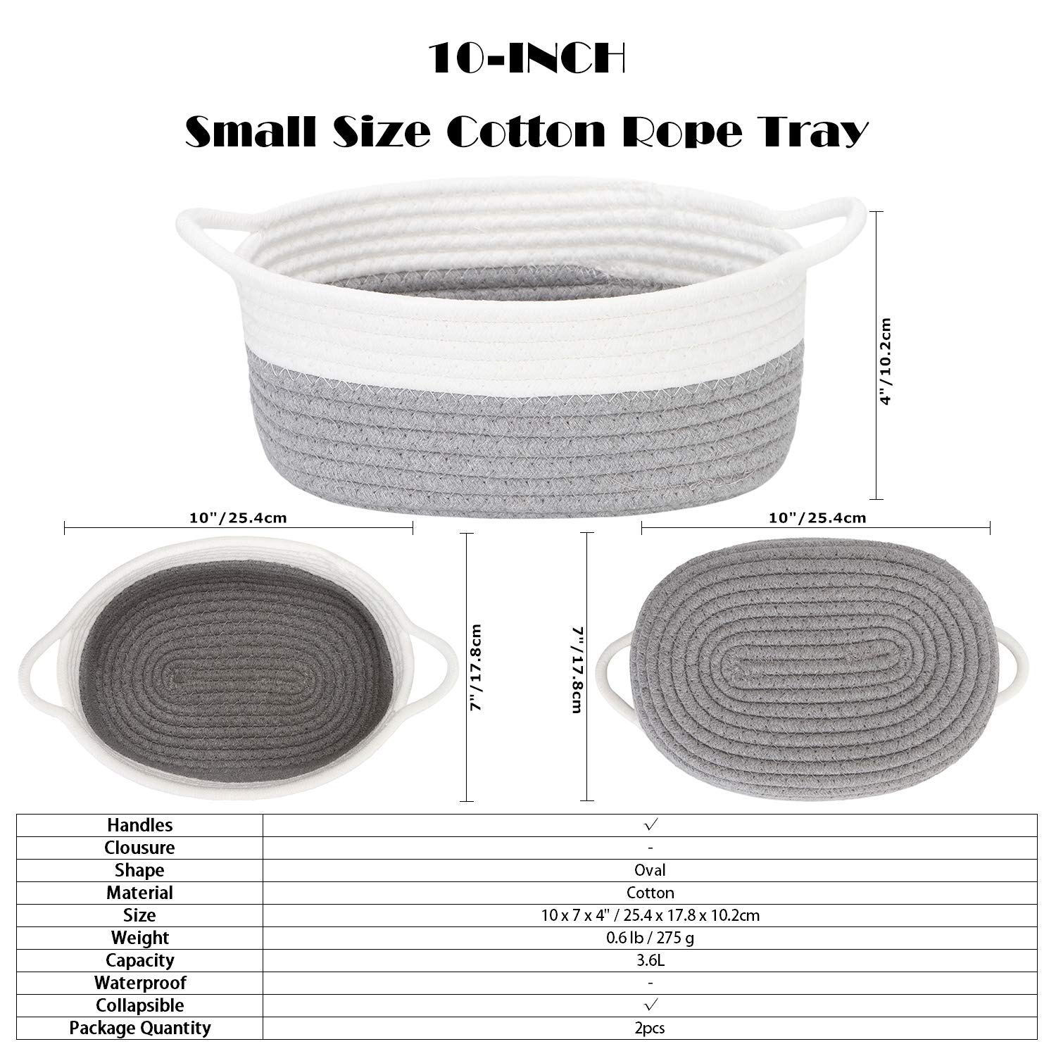 Sea Team 2-Pack Cotton Rope Baskets, 10 x 7 x 4 Inches Small Woven Storage Basket, Fabric Tray, Bowl, Oval Open Dish for Fruits, Jewelry, Keys, Sewing Kits (Grey & White)